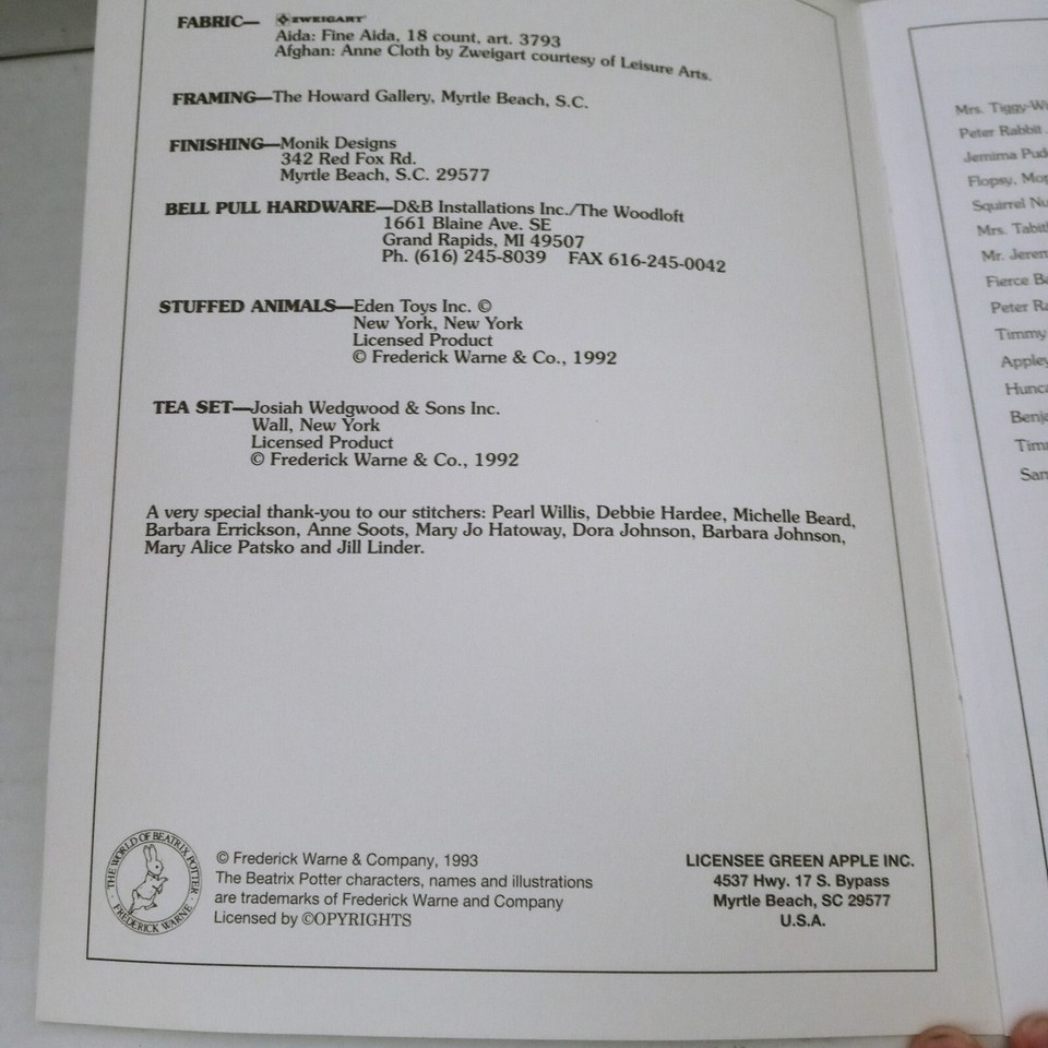 Beatrix Potter Colors Cross Stitch Patterns Green Apple Co Jeanne ...