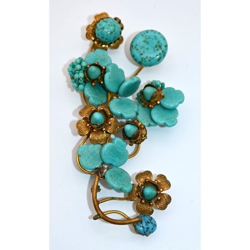 Vintage Miriam Haskell Style Turquoise Glass Floral Spray Brooch Mid ...