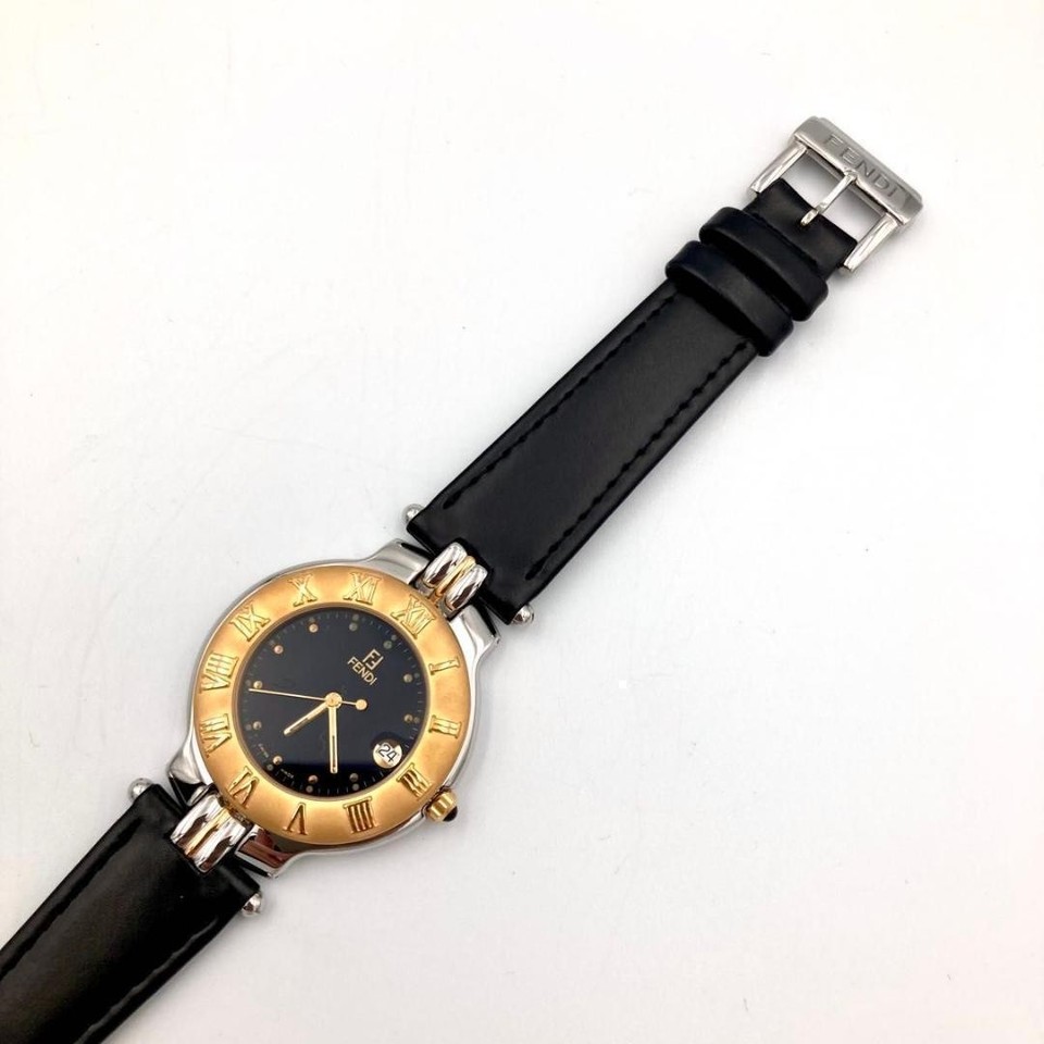 FENDI 900G Quartz Date Black Dial Gold FF Round Ladies Watch Orologi ...