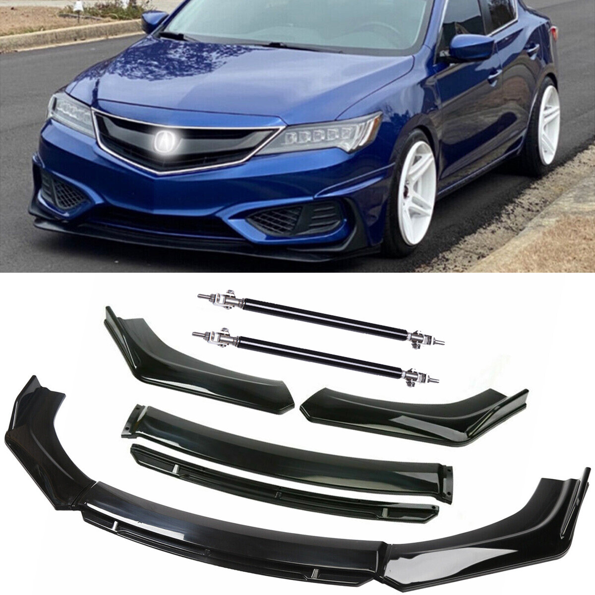 Front Bumper Lip Spoiler Splitter BodGlossy Black Strut Rod For Acura ...
