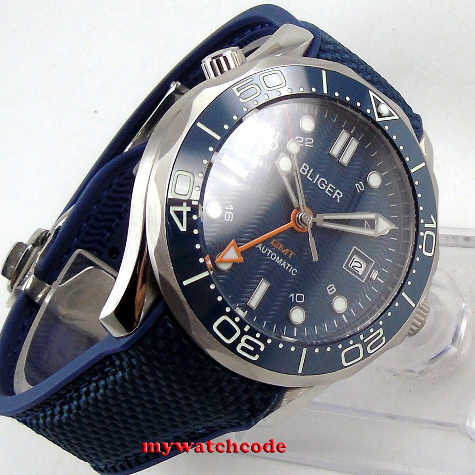41mm bliger blue dial GMT sapphire glass date Mechanical automatic mens ...
