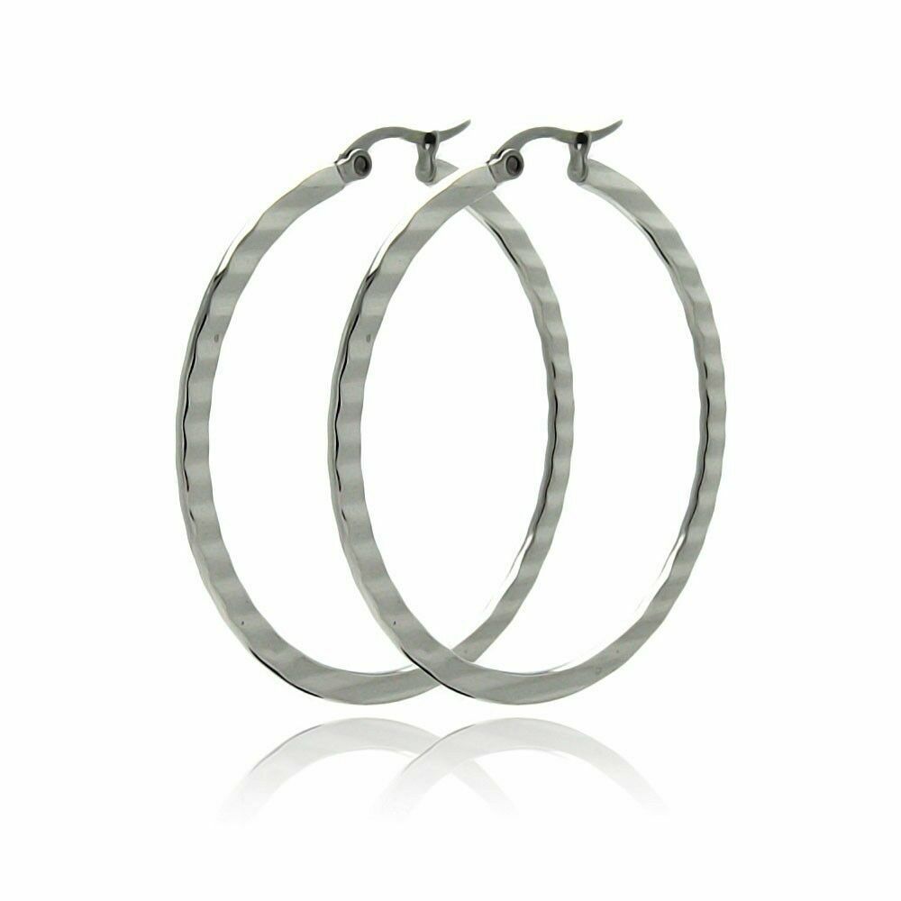 Stainless Steel Round, Textured Flat Hoop Earrings, 20mm, 30mm, 40mm ...