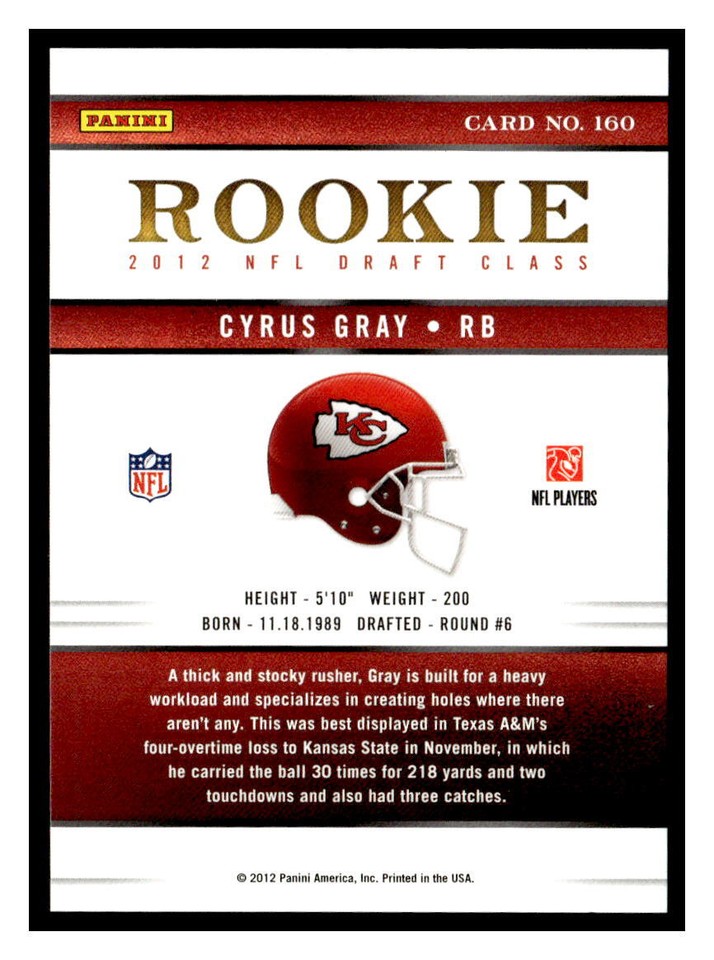 CYRUS GRAY 2012 Panini Elite 160 RC, SN999 Rookie | eBay
