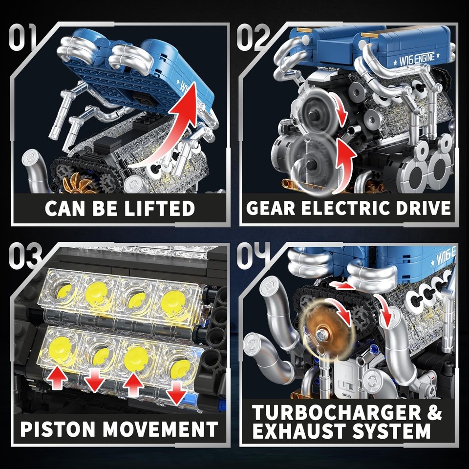 W16 Engine Building Kit (Twin V8 Design), 751 PCS to Build Your Own W16 ...