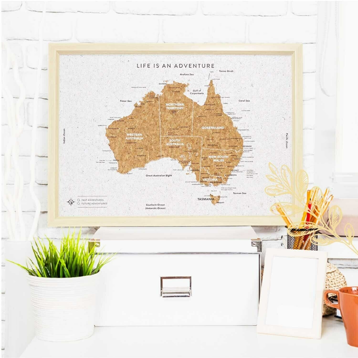 SPLOSH TRAVEL MAP CORK FRAMED BOARD Small PINS AUSTRALIA 53.5cm x 36 ...