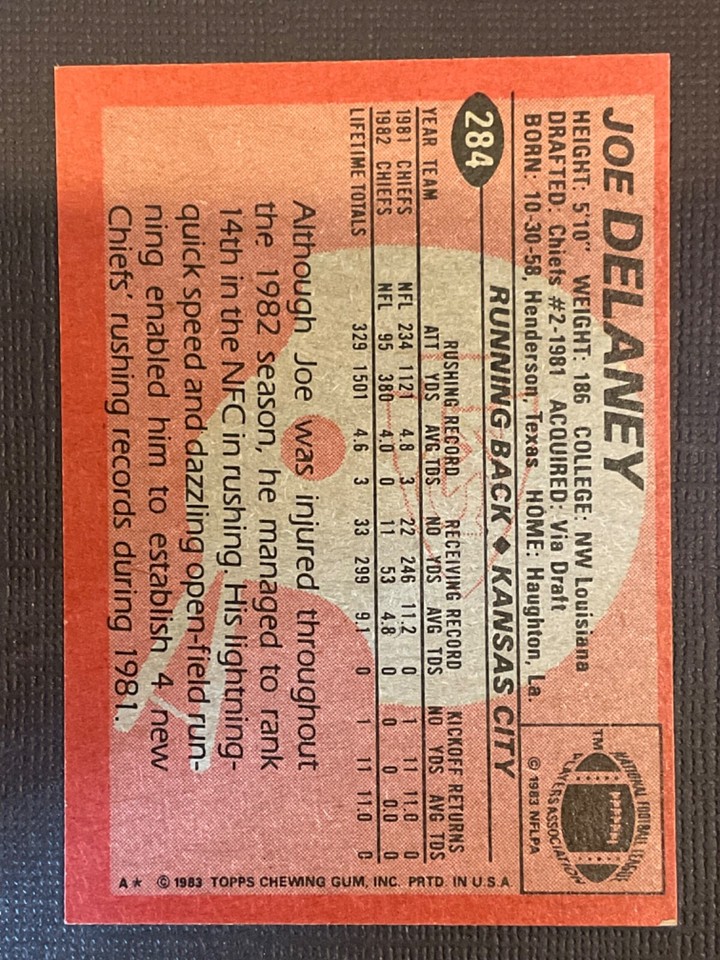 Joe Delaney 1983 Topps Football Card #284 - Kansas City Chiefs Running ...