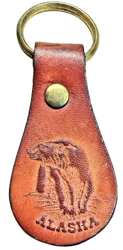 Alaska Keychain Grizzly Bear Leather Souvenir Keytag Travel Keyring Fob ...