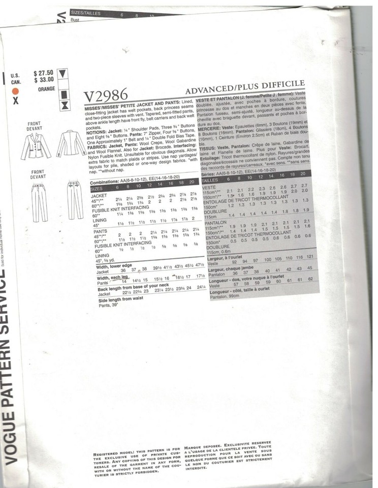 2986 UNCUT Vogue Sewing Pattern Misses Lined Close Fitting Jacket Pants ...