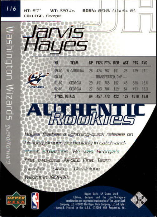 2003-04 SP Game Used #116 Jarvis Hayes Rookie Card /999 - NM-MT | eBay