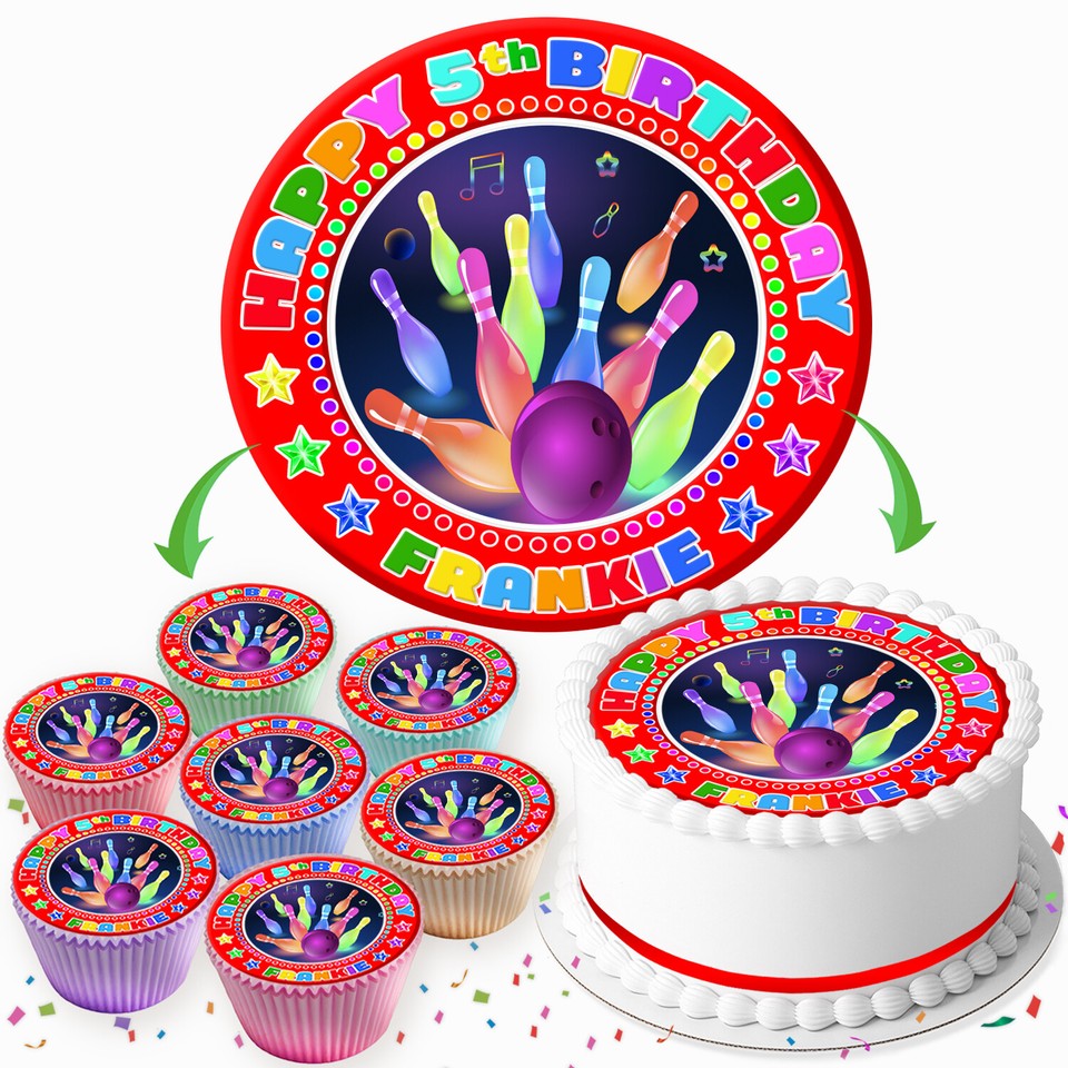 TENPIN BOWLING BIRTHDAY PERSONALISED EDIBLE CAKE TOPPER & CUPCAKE ...