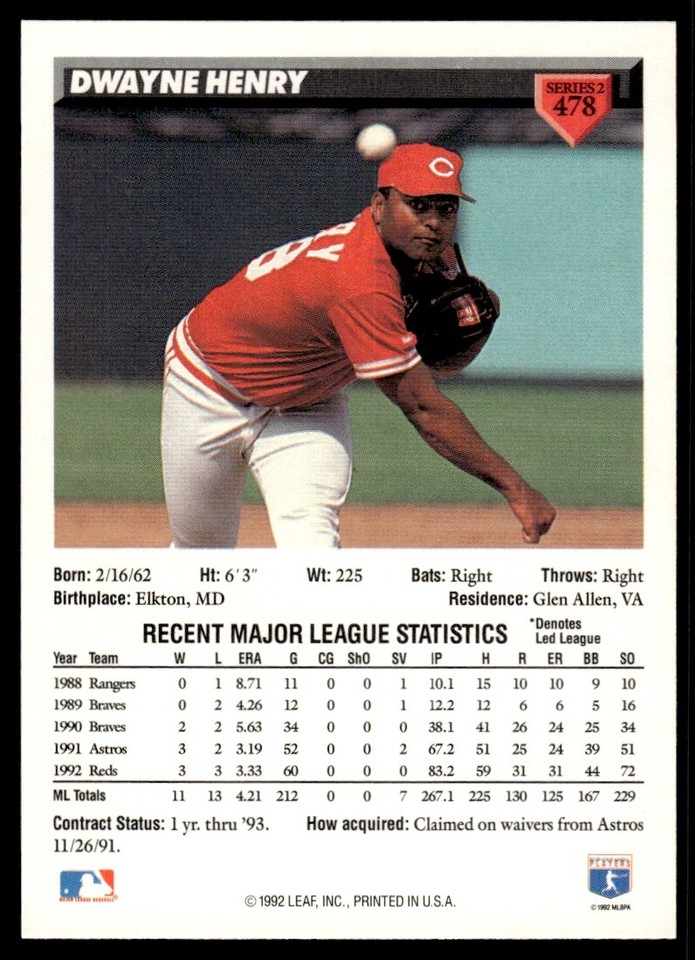 1993 Donruss Baseball Card Dwayne Henry Cincinnati Reds #478 | eBay