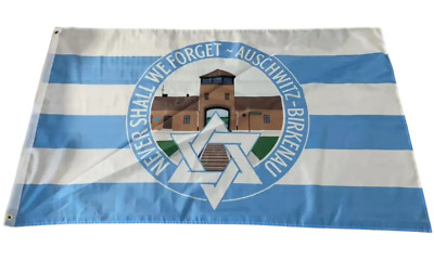 NEVER SHALL WE FORGET AUSCHWITZ-BIRKENAU COMMEMORATIVE FLAG | eBay