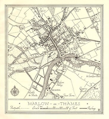 Town plan of MARLOW, Buckinghamshire. Thames Valley 1929 old vintage ...