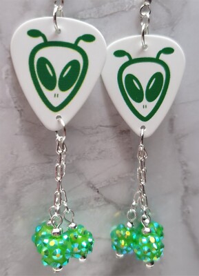 Green Alien Guitar Pick Earrings with Green Rhinestone Studded Bead ...