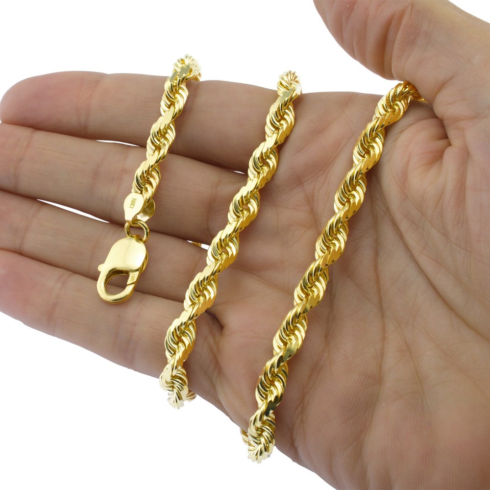 10k Yellow Solid Gold 7mm Mens Diamond Cut Rope Chain Necklace Italian ...