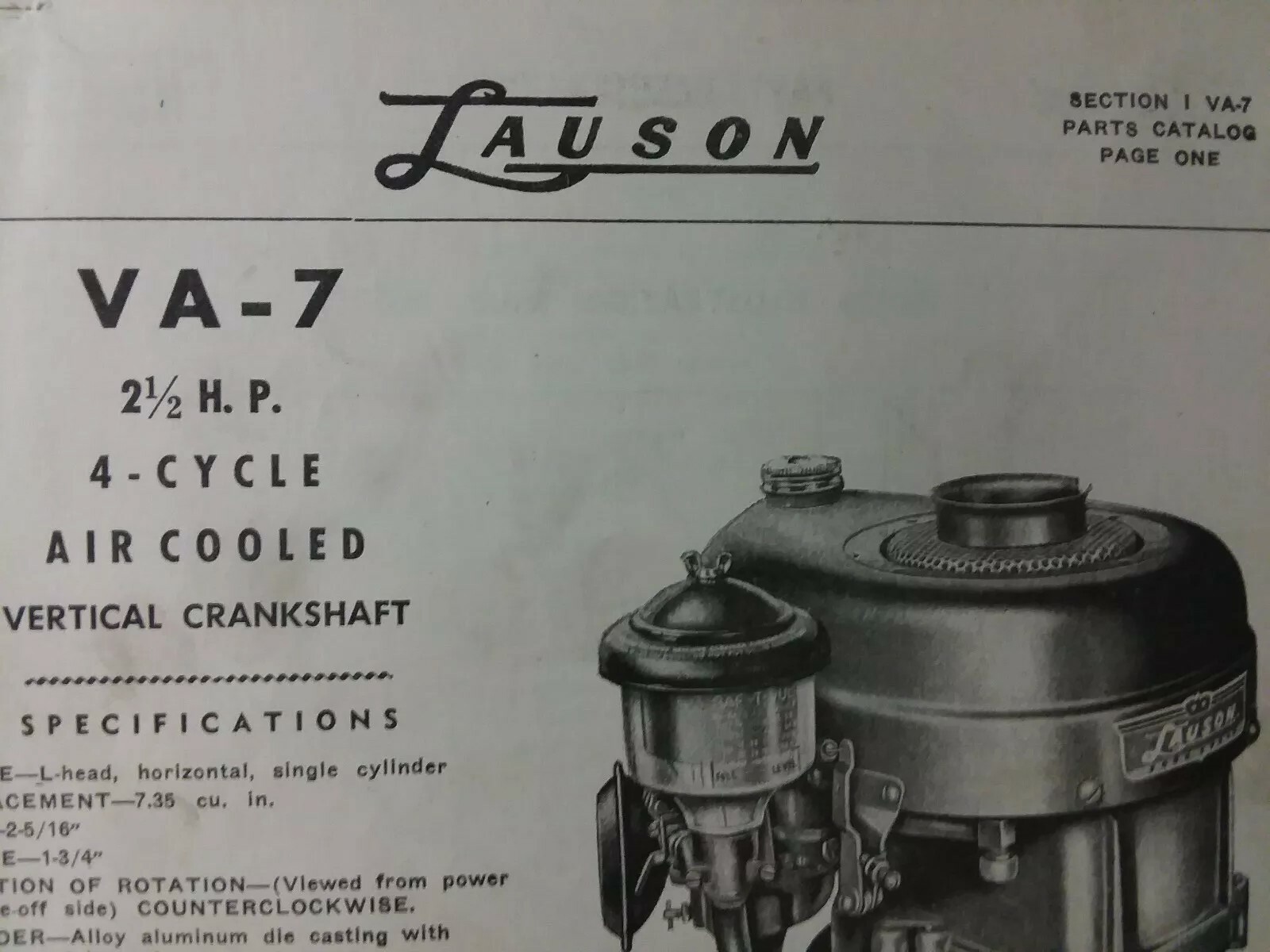 Lauson VA-7 Vertical 4-Cycle Gasoline Engine Parts Manual Lawn Mower 2. ...