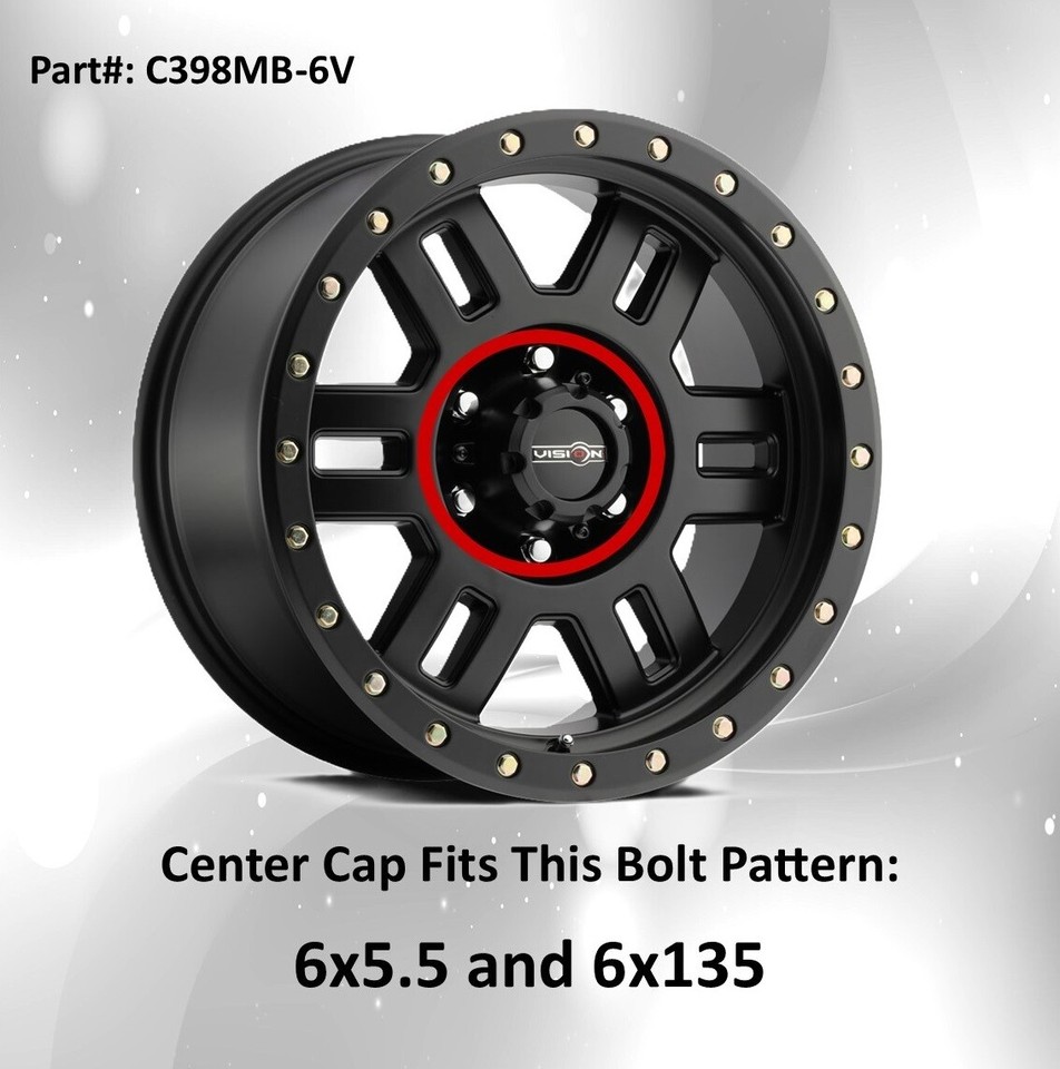 Set 4 Vision Off Road Manx 398 Matte Black Center Cap C398MB-6V Fits ...