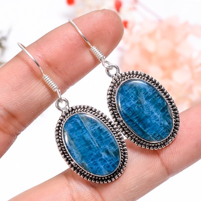 Neon Blue Apatite Vintage Handmade .925 Silver Plated Earrings 1.8" GSR ...