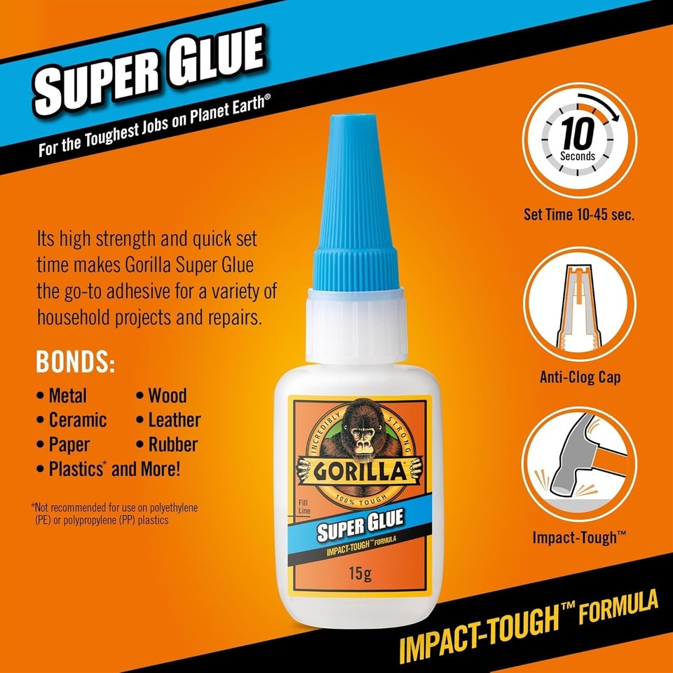 Gorilla Super Glue 15g Strong Fast Setting Impact Tough All Purpose ...