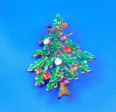 VINTAGE WOMEN'S BROACH CHRISTMAS DECORATED TREE BRIGHT SPARKLE ~ DRESS ...