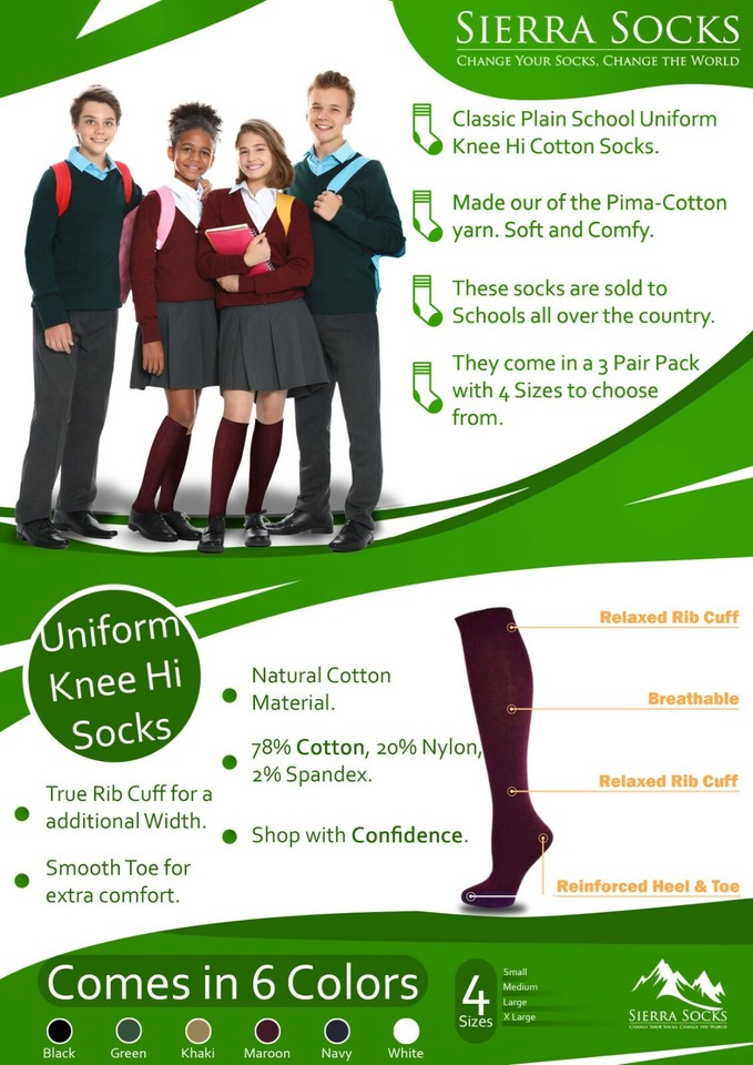 Classic Flat Knit Combed Cotton Knee High Socks 3 Pair Pck, School ...
