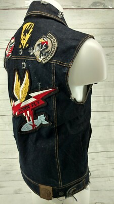 Born Fly Blue Denim Distressed Patch Pockets Jean Vest Men's Medium | eBay