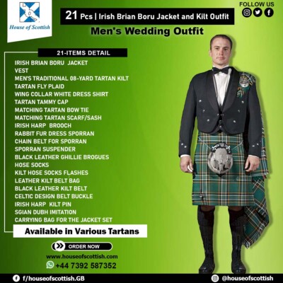 21 PCS | IRISH BRIAN BORU JACKET, VEST AND KILT SET | MEN'S WEDDING ...