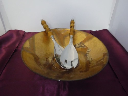 Arda Glassware 11 3/4" Inch Pasta Serving Salad Bowl Antique Gold Spoon ...