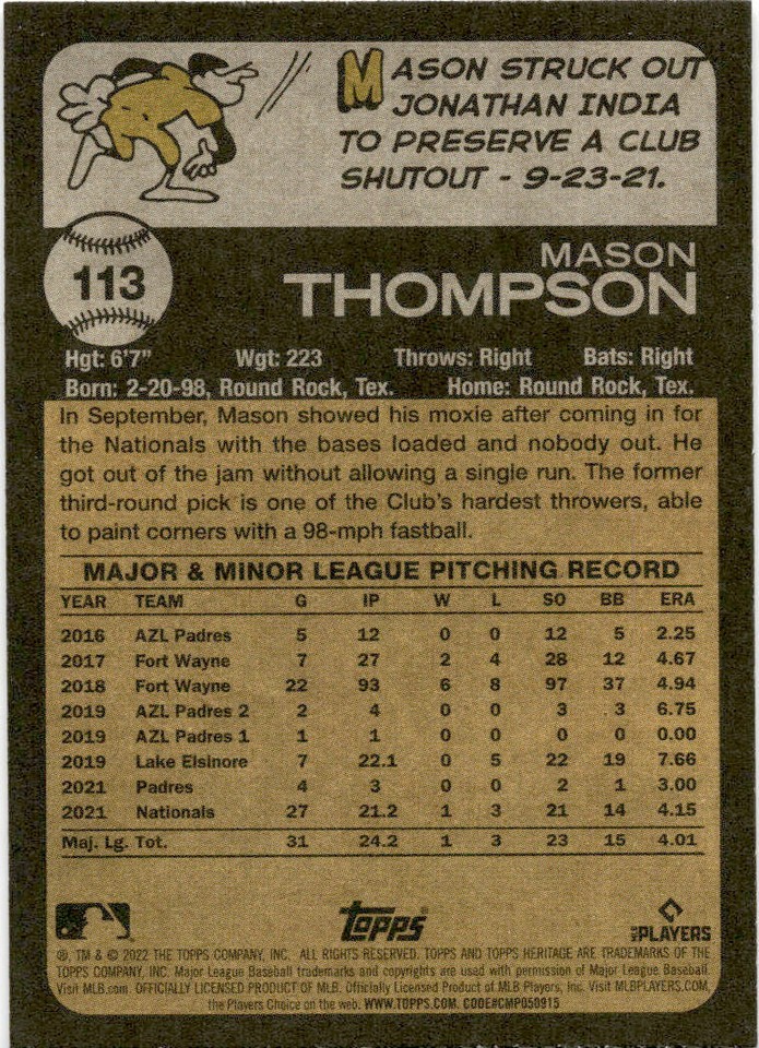 2022 Topps Heritage Mason Thompson #113 Washington Nationals | eBay