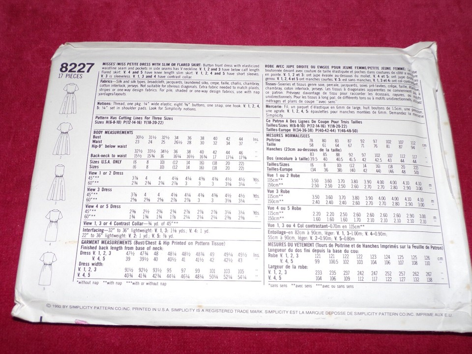 🌹 SIMPLICITY #8227 - LADIES EASY (5 STYLE) "V" NECKLINE DRESS PATTERN 6 ...