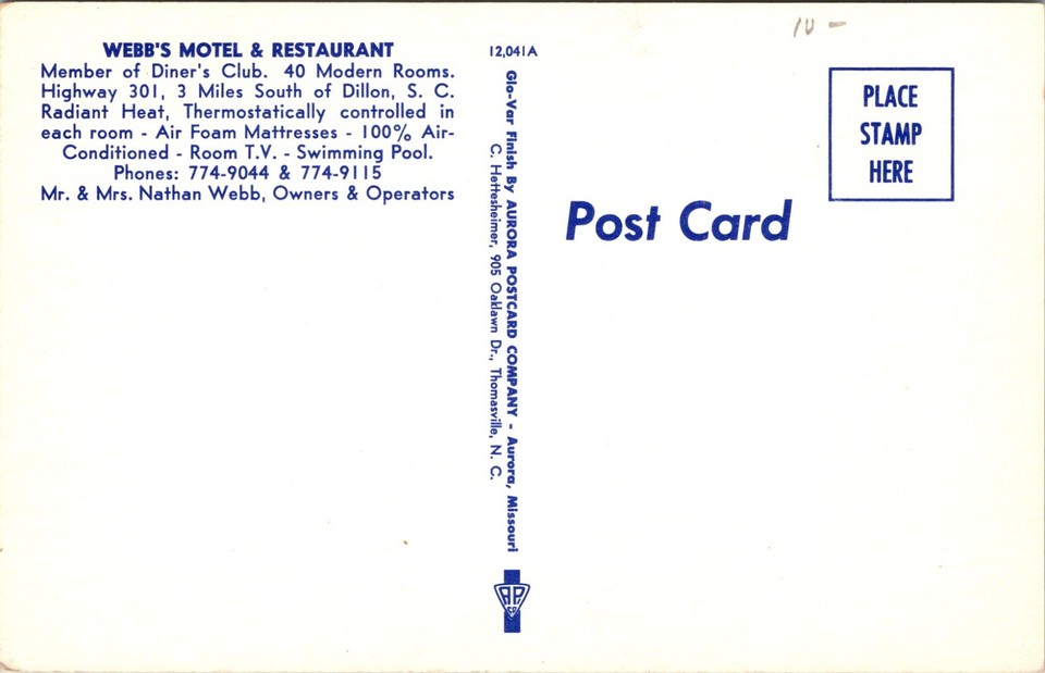 Webbs Motel and Restaurant Dillon South Carolina Highway 301 Chrome ...