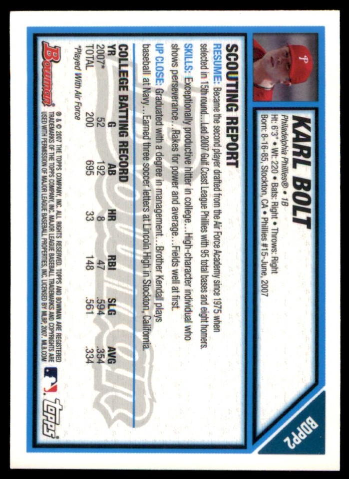 2007 BOWMAN DRAFT PICKS & PROSPECTS GOLD KARL BOLT PHILADELPHIA ...