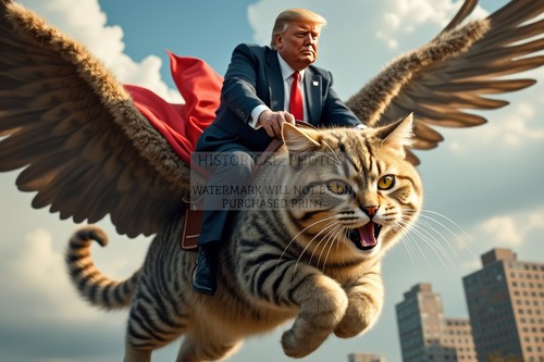 PRESIDENT DONALD TRUMP FLYING A GIANT FLYING CAT IN THE CITY 4X6 AI ...