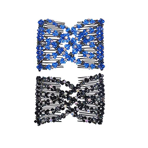 LOVEF 2Pcs Glass Bead Magic Hair Comb Elastic Double Insert Clips Chic ...