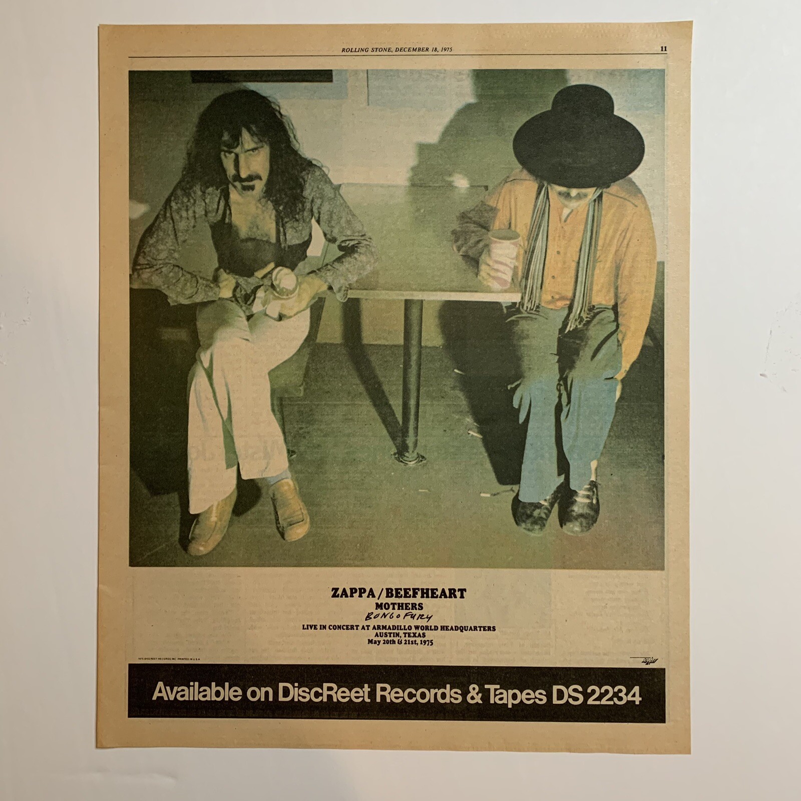 Frank Zappa Captain Beefheart Bongo Fury Original 1975 13" x 10" Advert ...