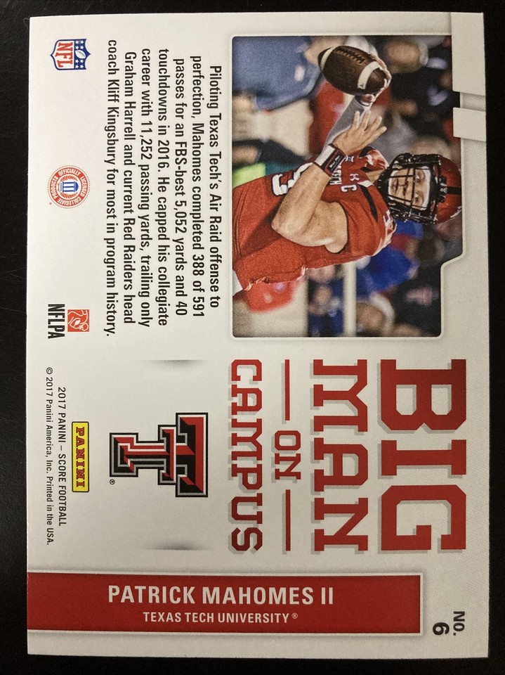 Patrick Mahomes II 2017 Score BIG MAN ON CAMPUS Rookie Card #6 (4689 ...