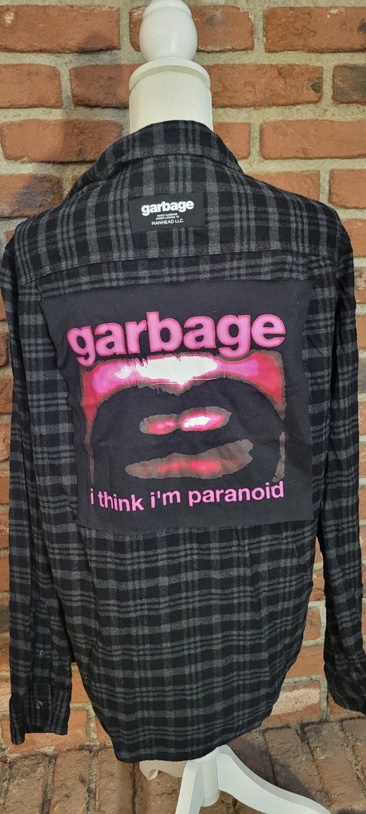 Garbage grunge pop rock group logo on upcycled flannel. Custom-made for ...