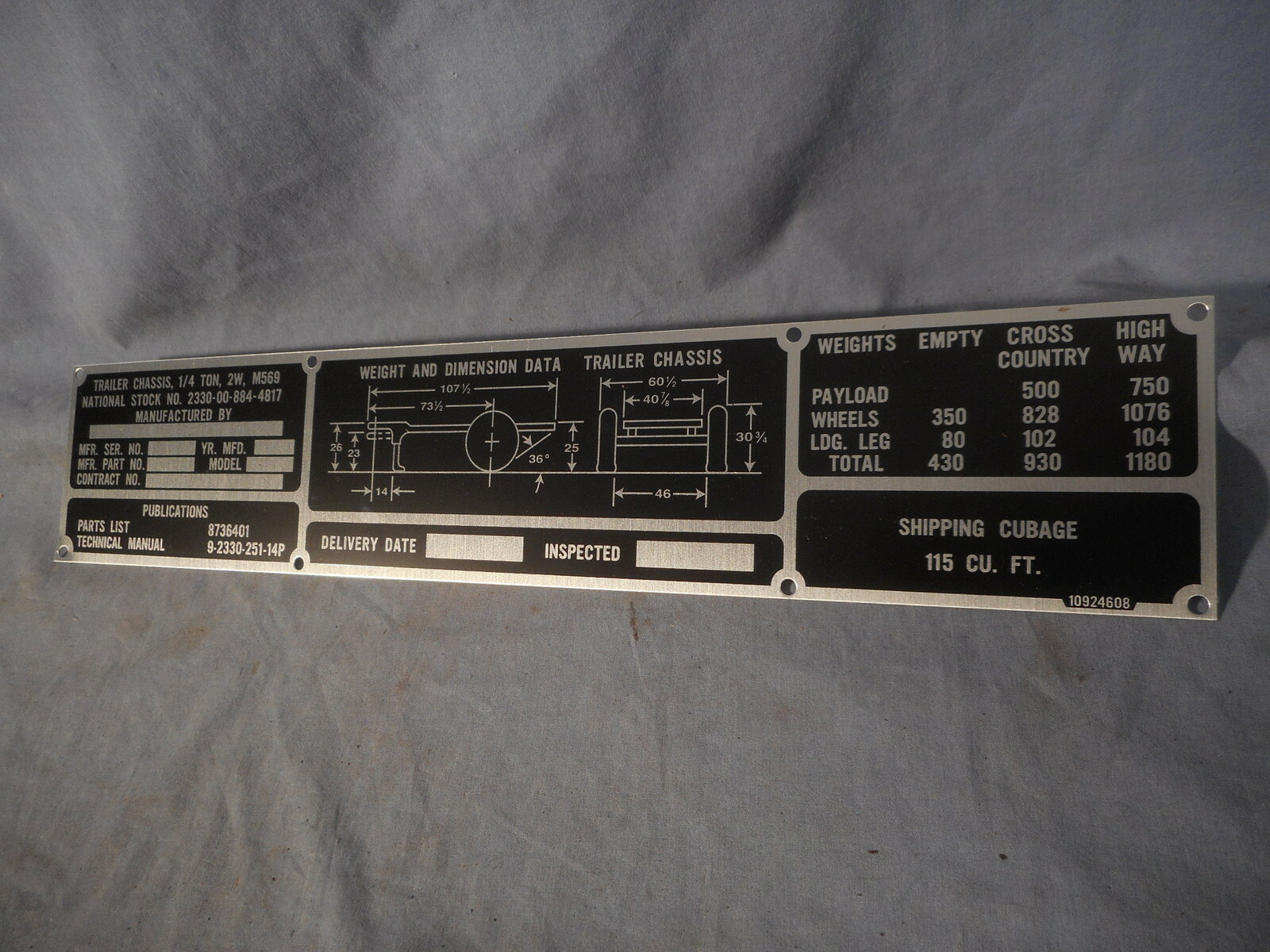 M416/M569 Weight Dimension Operation Shipping Data Plate M151 M38 M715 ...