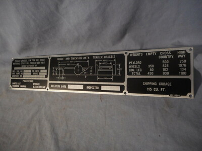 M416/M569 Weight Dimension Operation Shipping Data Plate M151 M38 M715 ...
