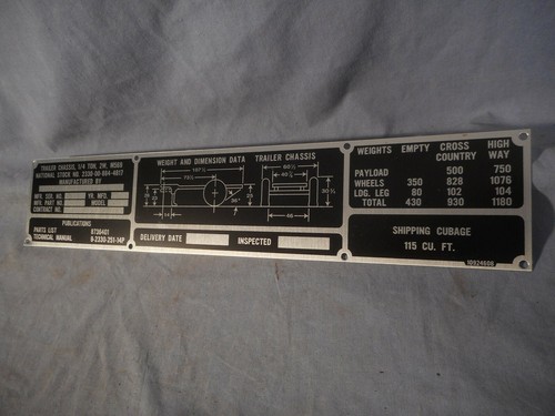 M416/M569 Weight Dimension Operation Shipping Data Plate M151 M38 M715 ...