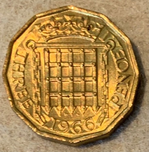 1966 UK British Three pence Coin, (3 penny), KM#900, Queen Elizabeth II ...