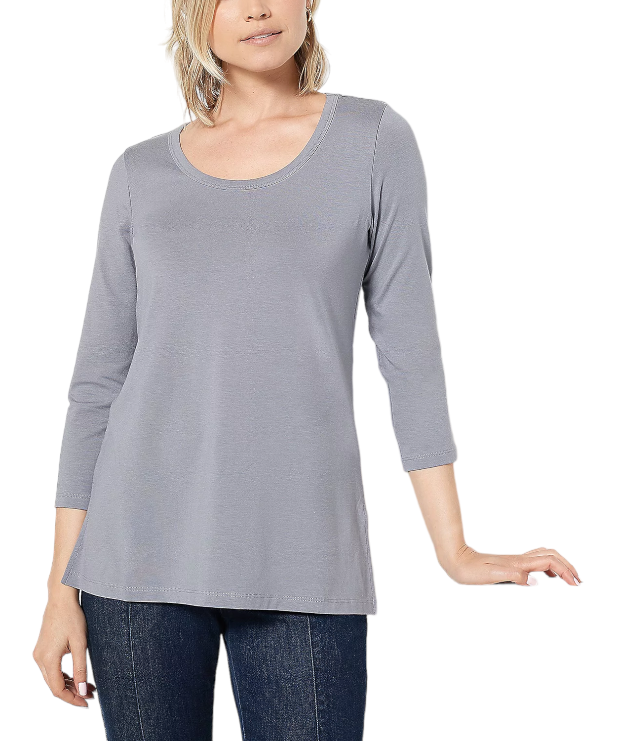 Susan Graver Weekend Cotton Essentials 3/4-Sleeve Top Quiet Gray | eBay