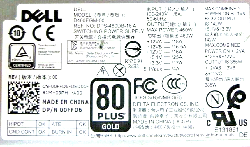 Dell Precision 3630 Mini Tower 460W Desktop Power Supply D460EGM-00 ...
