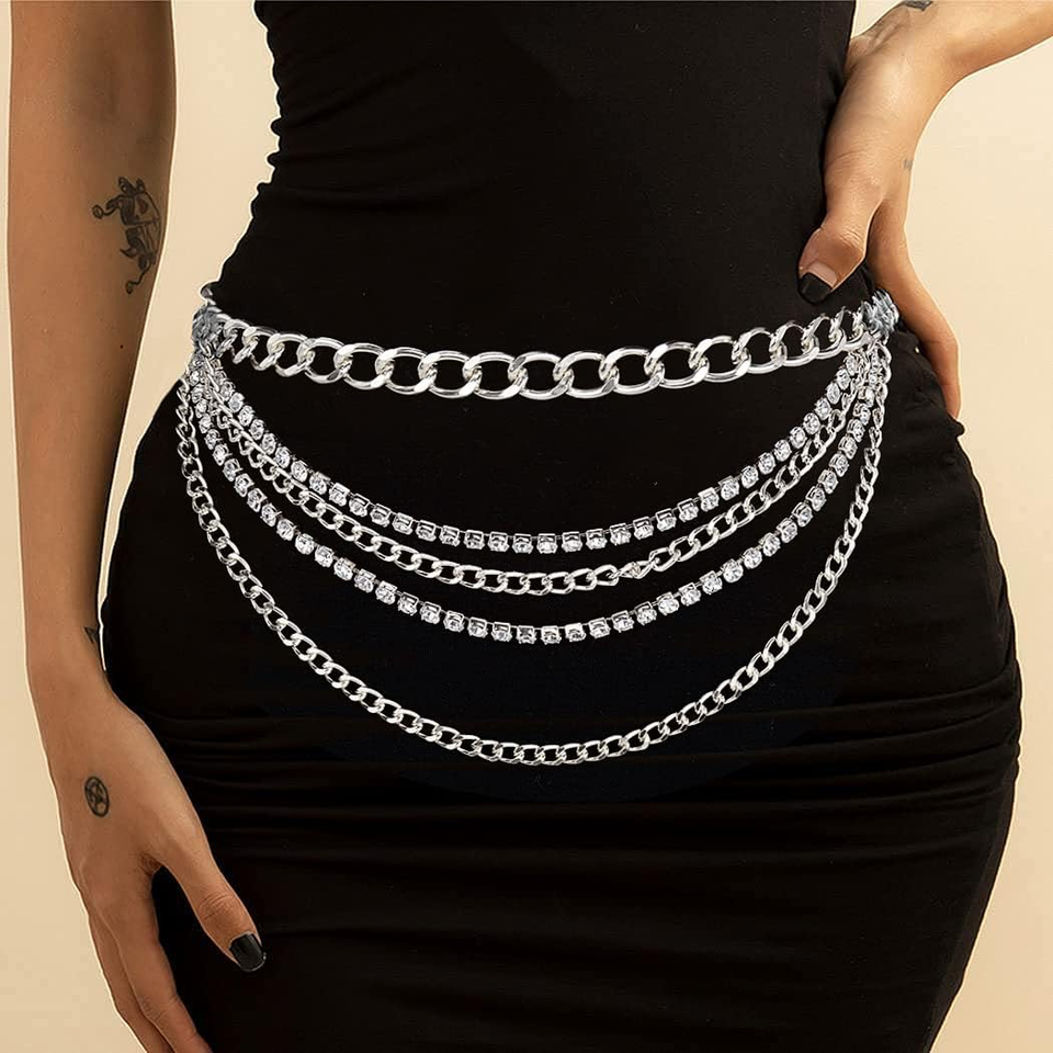 Multilayer Chain Belt Rhinestone Metal Chain Belts for Women Punk Gold ...