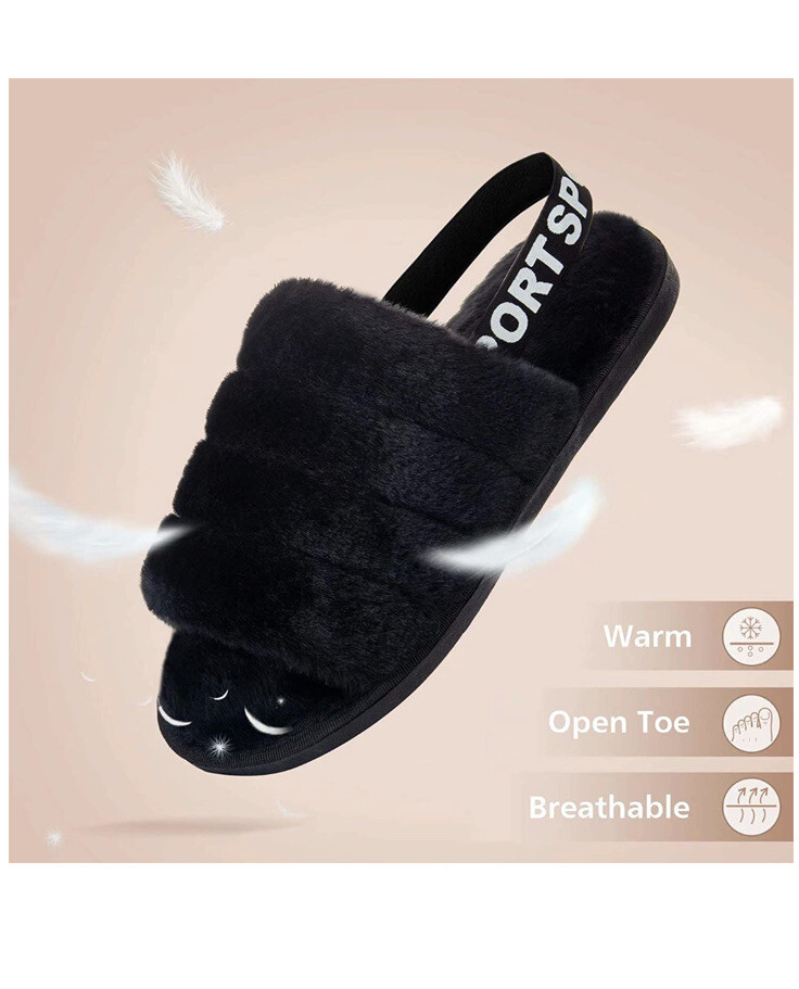 Ladies Slippers Fluffy Sliders Womens Open Toes Slippers Faux Fur House ...