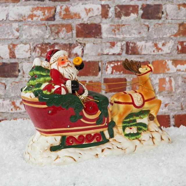 Ceramic Santa and Reindeer Sleigh Musical & LED Christmas Decoration ...