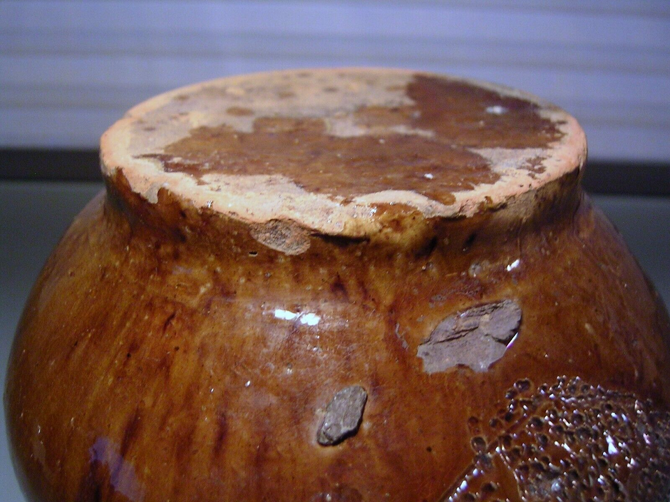 Antique Primitive Redware Pottery Jar Heart Treacle Glaze | eBay