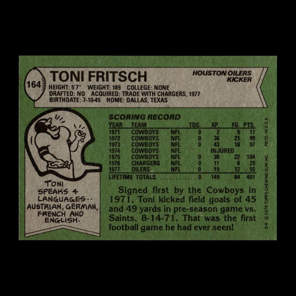 Toni Fritsch 1978 Topps Houston Oilers #164 R308F 1 | eBay