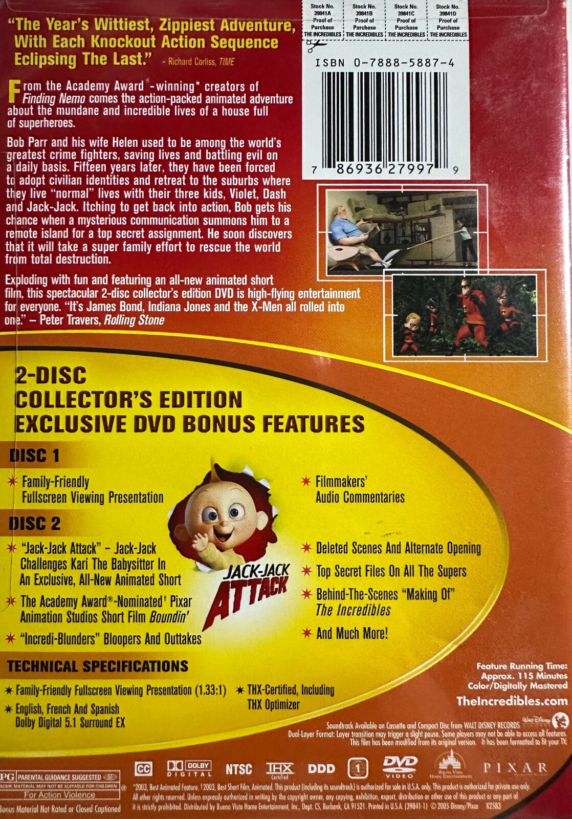 Disney Pixar THE INCREDIBLES DVD 2-Disc Collector's Edition w/ Bonus ...