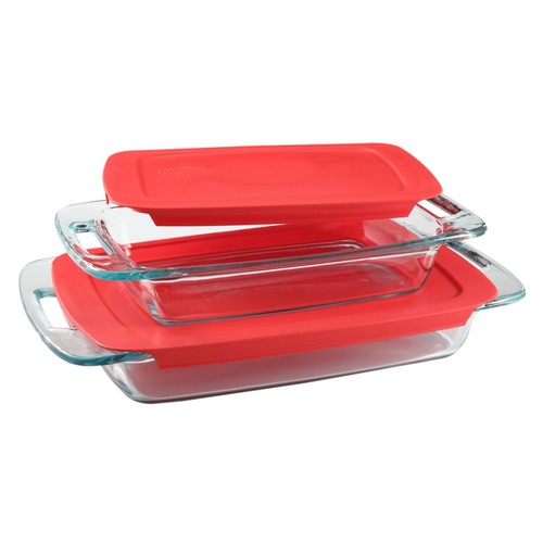 Pyrex Easy Grab 4-piece Rectangular Glass Bakeware Set with Red Lids ...